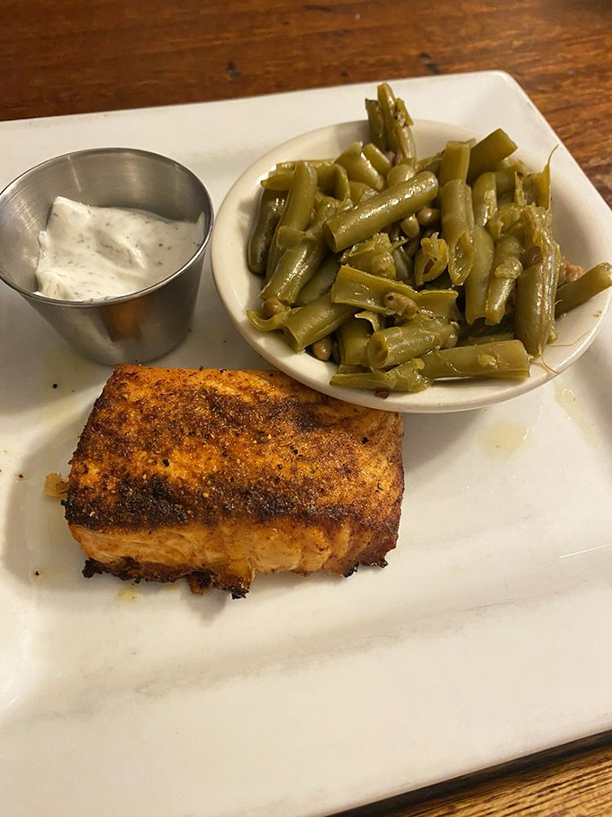 Perfectly seared salmon with a golden crust alongside green beans that haven't been tortured into submission&mdash;simple food done right is revolutionary these days.