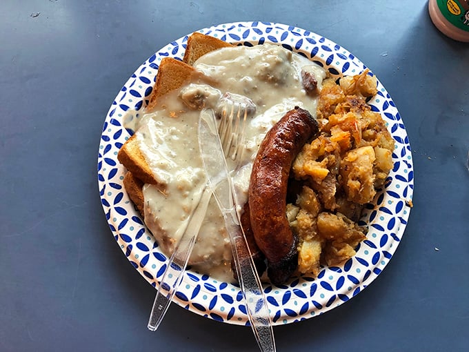 Sausage gravy so rich it could buy a yacht, blanketing toast with the comforting warmth of a grandmother's hug.