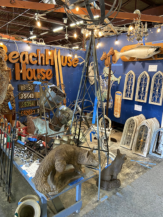 The "Beach House" display proves that even taxidermy and nautical artifacts can live together in perfect coastal harmony.