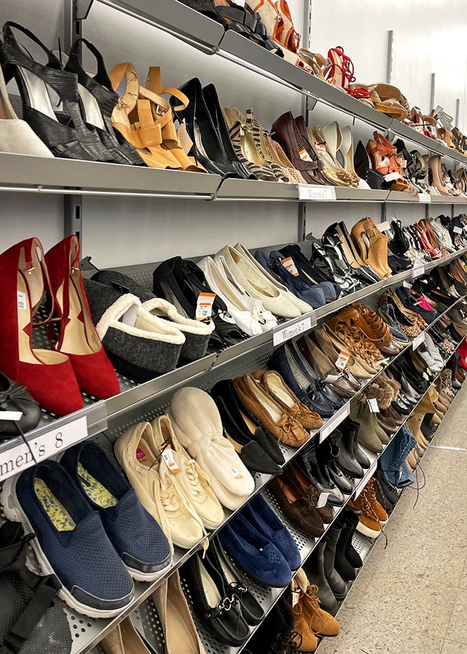 Shoes line up like hopeful contestants in a beauty pageant, each pair waiting for someone to recognize their potential for a second act. Photo credit: <a href="https://maps.google.com/maps/contrib/113160353477860334233" target="_blank" rel="noopener noreferrer">Texas Thrift Windcrest</a>