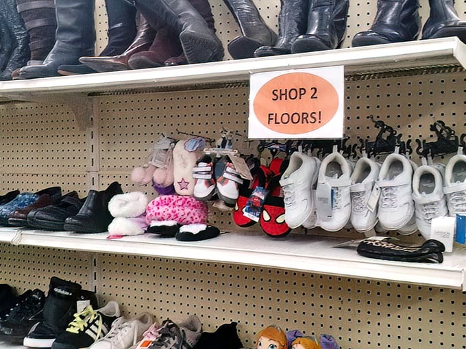 Footwear for every adventure&mdash;from cozy slippers to sturdy boots. The "Shop 2 Floors" sign is the thrifter's equivalent of "Open Sesame."