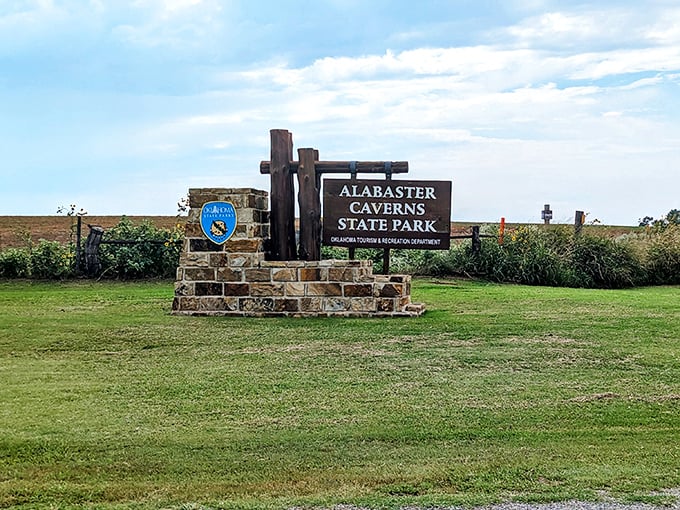 Not your average roadside attraction sign. This substantial marker announces you've arrived at one of Oklahoma's most unique natural wonders.