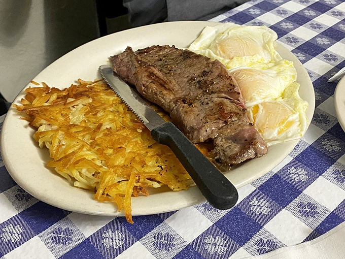 The breakfast of champions &ndash; a perfectly cooked steak, sunny-side-up eggs, and hashbrowns that could make a grown person weep with joy.