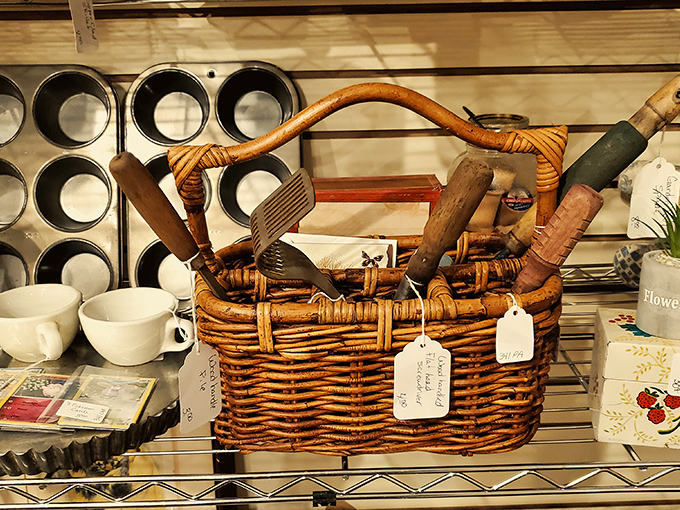 A basket of vintage kitchen tools that worked before electricity was invited to the cooking party. Hand-cranked ingenuity at its finest.