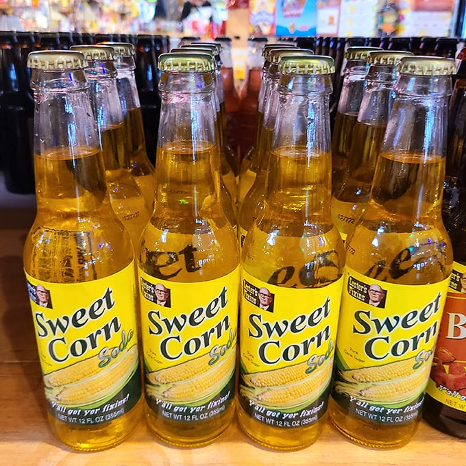 Sweet Corn Soda stands at attention like golden soldiers, daring you to question both your taste buds and everything you thought you knew about beverage boundaries.