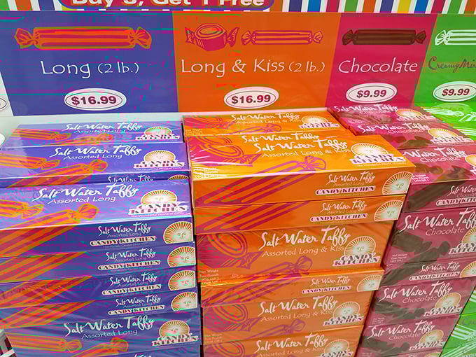 Saltwater taffy boxes stacked like colorful building blocks &ndash; the architectural foundation of any proper beach vacation.