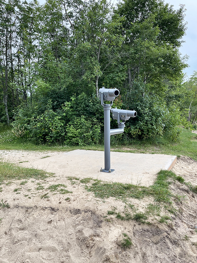 Viewfinders stand ready for visitors to spot distant freighters or perhaps catch a glimpse of Canada across the water.