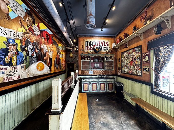 The waiting area's whimsical artwork suggests this isn't just a restaurant&mdash;it's breakfast theater with you as the appreciative audience.