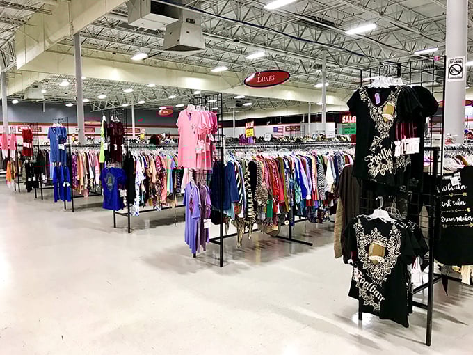 Ladies' clothing racks burst with color and possibility&mdash;like having access to hundreds of closets without the awkward explanations.