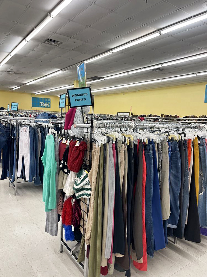Color-coded clothing racks make finding that perfect pair of pants less like archaeology and more like organized treasure hunting.