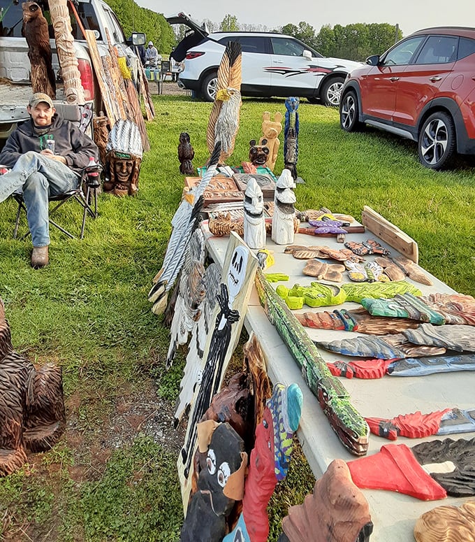 Wooden wildlife carved by patient hands. That eagle probably took longer to create than most relationships last these days. 