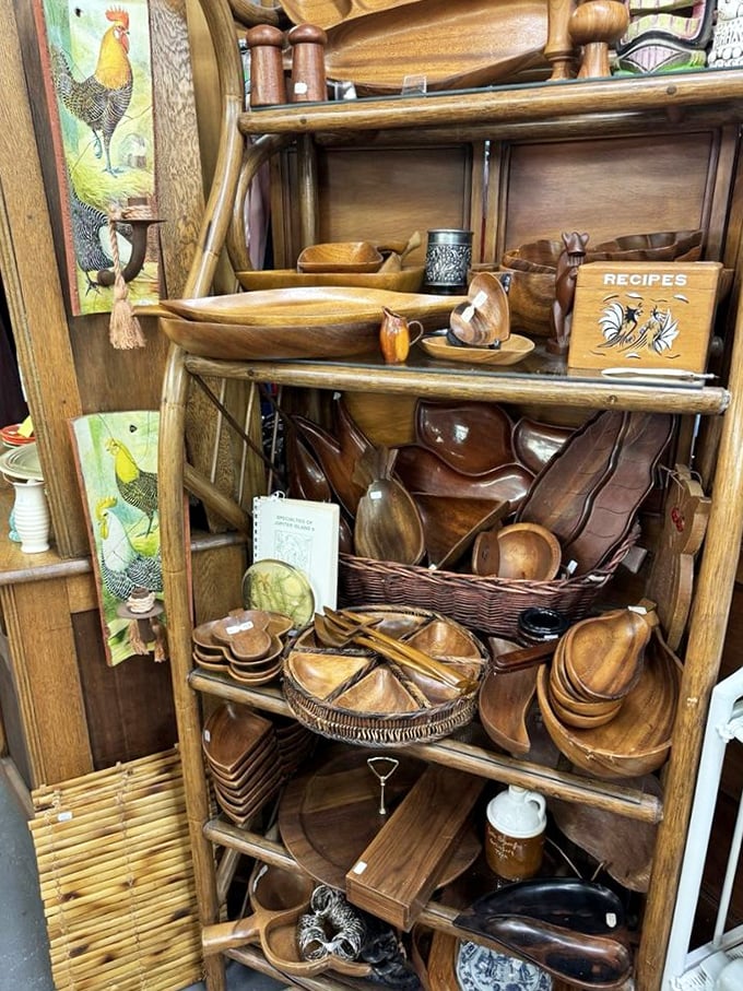 Wooden bowls and utensils stacked with care&mdash;someone's grandmother would approve of these kitchen treasures that have stood the test of time.