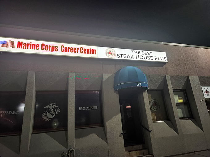 Best Steak House Plus shares its building with the Marines, proving that both appreciate straightforward excellence without unnecessary frills.