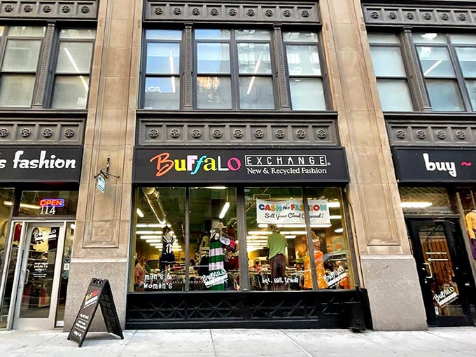 Buffalo Exchange's urban storefront promises fashion forward finds in a building that's seen New York trends come and go.