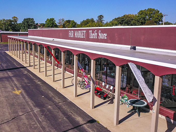 Fair Market's distinctive red awnings and retro vibe make it look like a movie set for "Thrift Store: The Adventure Begins."