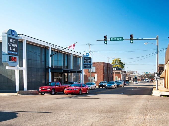 Forrest City's First National Bank stands as a modern sentinel at the edge of downtown. That temperature display is a public service!