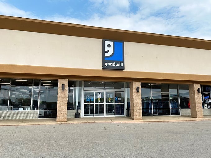 Goodwill's familiar blue logo is like an old friend waving hello. "Come in, we've saved some treasures just for you!"