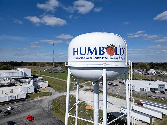 Humboldt's water tower stands as the town's exclamation point, proudly announcing its strawberry heritage against a perfect blue sky.