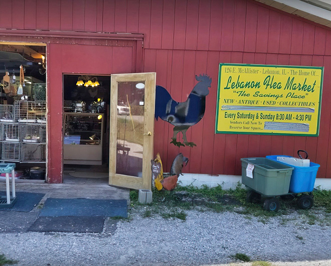 The charming red exterior and folksy rooster weathervane hint at the country treasures waiting inside Lebanon Flea Market.