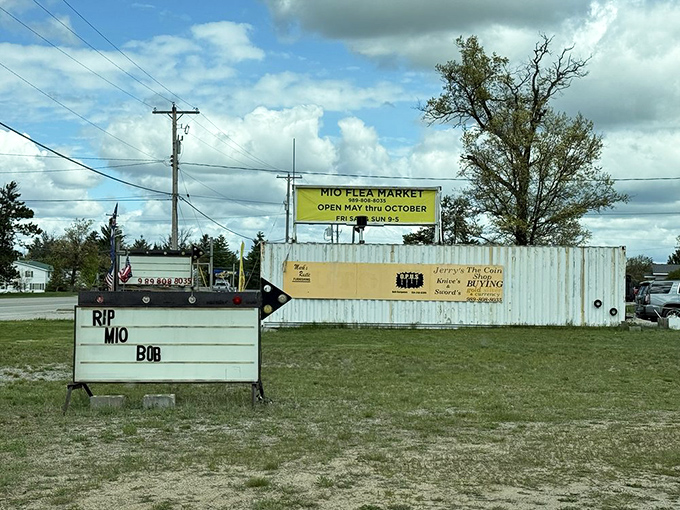 Mio Flea Market: Even the sign has character at this northern Michigan institution. The "RIP" tribute shows this is more than just commerce.
