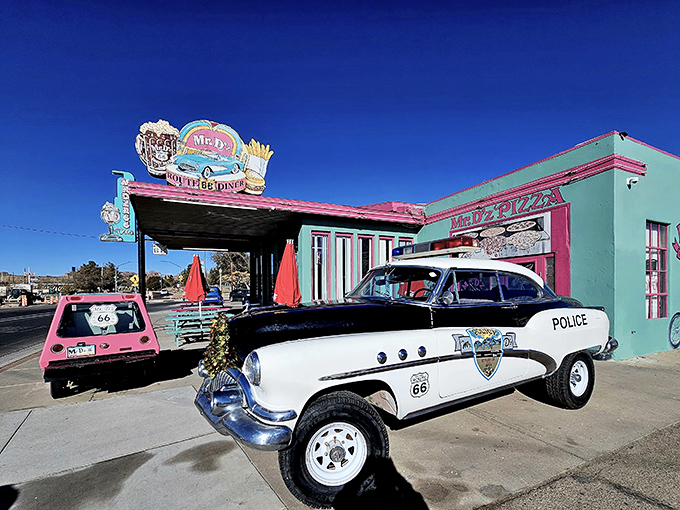 Mr. D'z bursts with turquoise joy on Route 66, where the root beer flows and calories don't count if you're on a road trip.