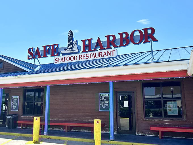 Where boats become menus! Safe Harbor's waterfront location means your grouper sandwich was swimming this morning.