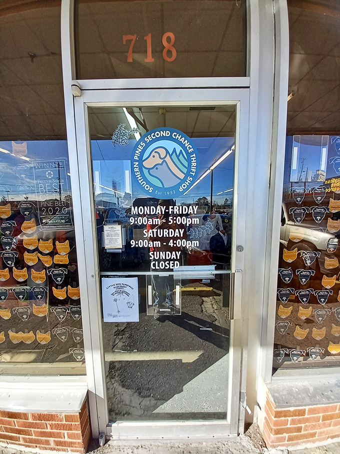 Southern Pines Second Chance Thrift Shop's door displays more than just hours&mdash;it's a portal to guilt-free retail therapy that helps animals.