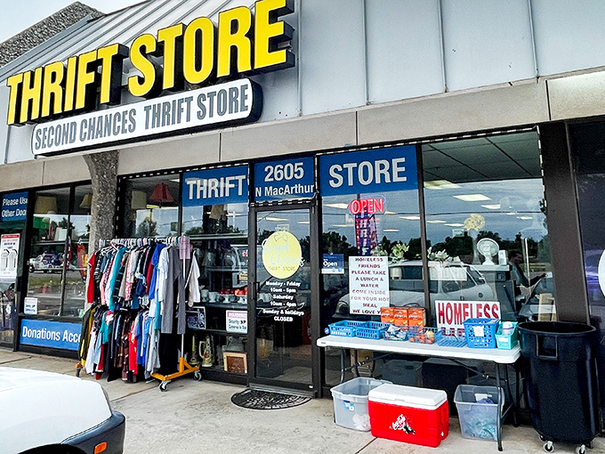 Second Chances displays sidewalk treasures like a museum of everyday life. That clothing rack might hold your next favorite T-shirt!
