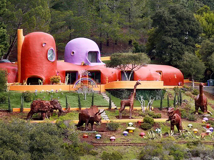 Orange domes and purple towers create a cartoon-come-to-life home that would make Fred Flintstone feel right at home.
