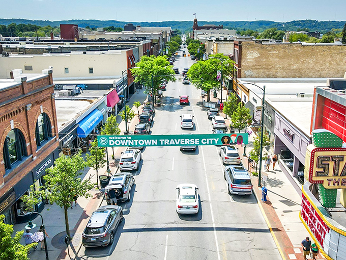 Traverse City's downtown vista&mdash;where urban charm meets "wait, is that a bay at the end of the street?"