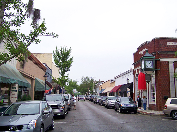 Walterboro's tree-lined main street offers shade for shoppers exploring the local businesses on hot summer days.