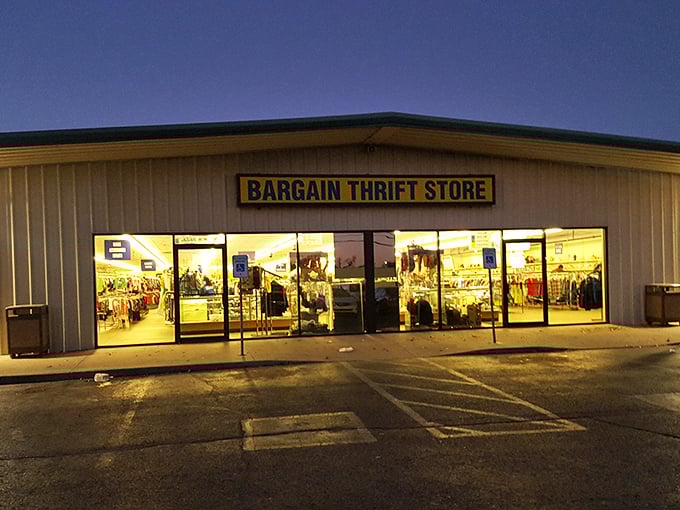 As evening falls, Bargain Thrift Store glows like a lighthouse for night-owl bargain hunters. The treasures don't stop when the sun sets!
