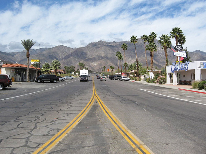 Borrego Springs' main drag offers stunning mountain views where your Social Security check stretches as far as the horizon.