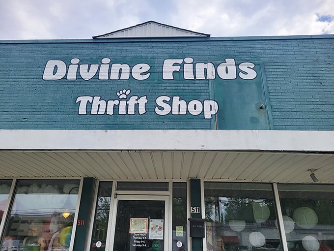 Teal and white create a welcoming storefront for this aptly named thrift shop. Divine intervention for your budget!
