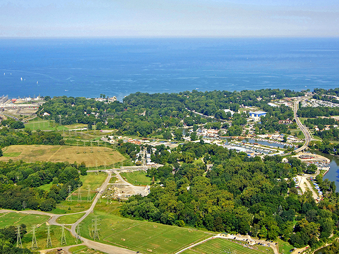 An aerial view of Eastlake reveals the perfect blend of nature and neighborhoods, where Lake Erie living comes without coastal price tags.