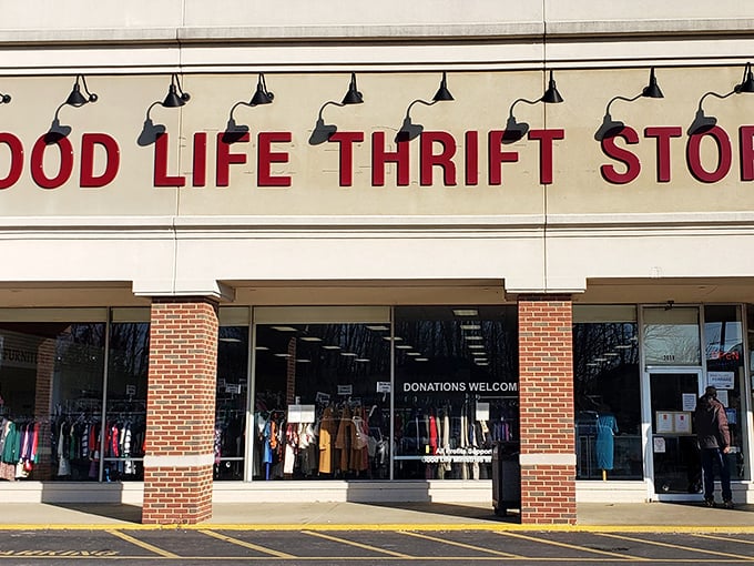 A closer view of Good Life's welcoming entrance, where donations and deals create a perfect circle of community sustainability.