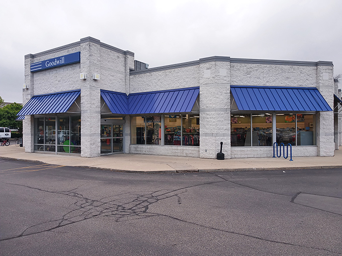 Those blue awnings aren't just for show&mdash;they're signaling "opportunity inside" in the universal language of thrift.