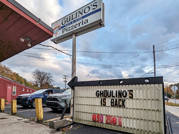 The sign says it all - "Everyone is Irish, Italian, and hungry!" Gulino's humor is as good as their pizza.