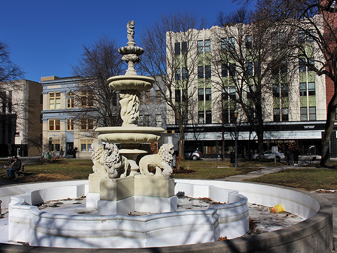 The historic fountain in Johnstown's town square adds a touch of elegance to a place where retirement dollars flow much further.