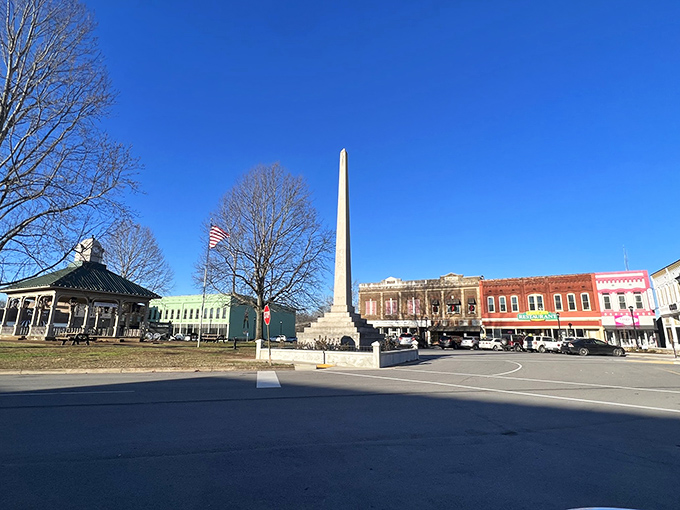 Lawrenceburg's courthouse square offers historic charm with modern affordability. The American flag waves over sensible retirement living.