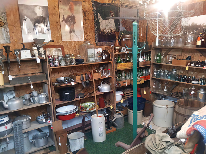 Shelves packed with vintage kitchenware and rustic finds transport shoppers to grandma's farmhouse kitchen.
