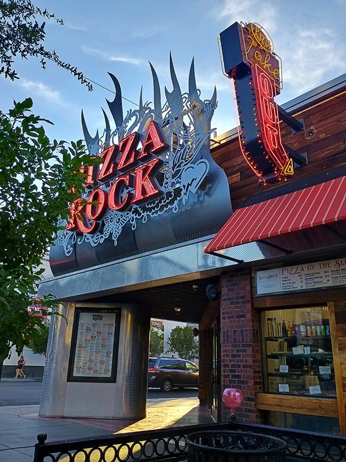 Those metal accents and bold signage at Pizza Rock are just a preview of the flavor rebellion happening inside. vegas)