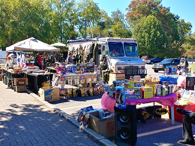 Colorful canopies shelter merchandise from sun and shoppers alike at Pocono Bazaar, creating a vibrant mosaic visible from afar.