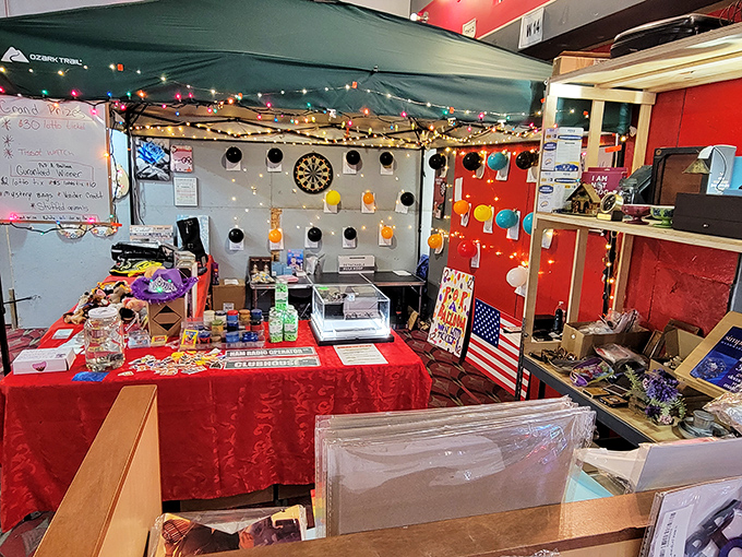 Bargain hunter's dream! Rows of merchandise create a rainbow of retail possibilities under this simple canopy.