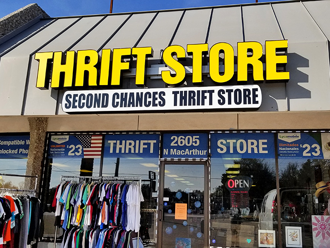 Bold yellow letters announce this thrifting destination with confidence. The name speaks truth&mdash;everything inside deserves its second chance at usefulness.
