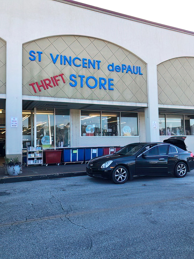 The distinctive blue and red signage marks the spot where bargain hunting meets community support.