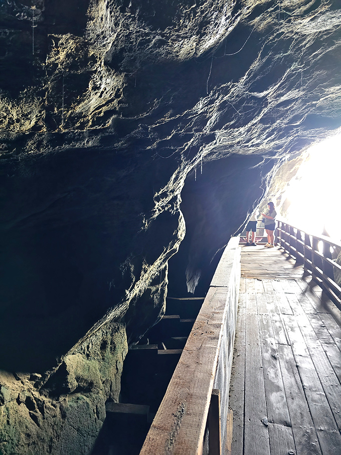 The wooden walkway leads visitors through La Jolla's famous sea cave. Ocean waves provide the soundtrack to this geological theater-in-the-round.