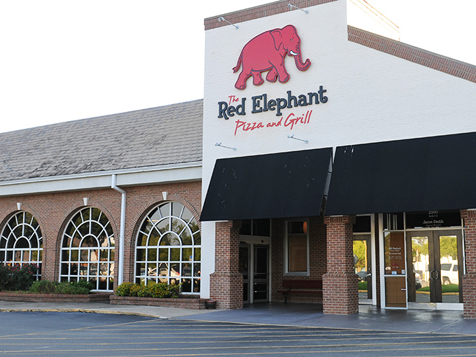 Brick, windows, and that iconic elephant sign&mdash;simple elements that together signal "life-changing pizza experience ahead."