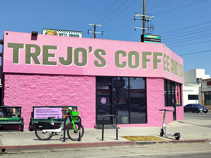 The vibrant pink fa&ccedil;ade of Trejo's is as attention-grabbing as the creative donuts served inside.