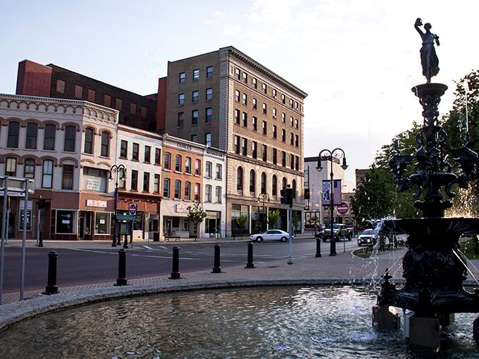The fountain at Watertown's public square creates a focal point for this affordable small city with surprising medical resources nearby.